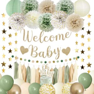 amandir baby shower decorations sage green balloons welcome baby banner, cake topper, paper lanterns, pom poms flowers tassels, circle dots star garland, neutral gender reveal birthday party supplies