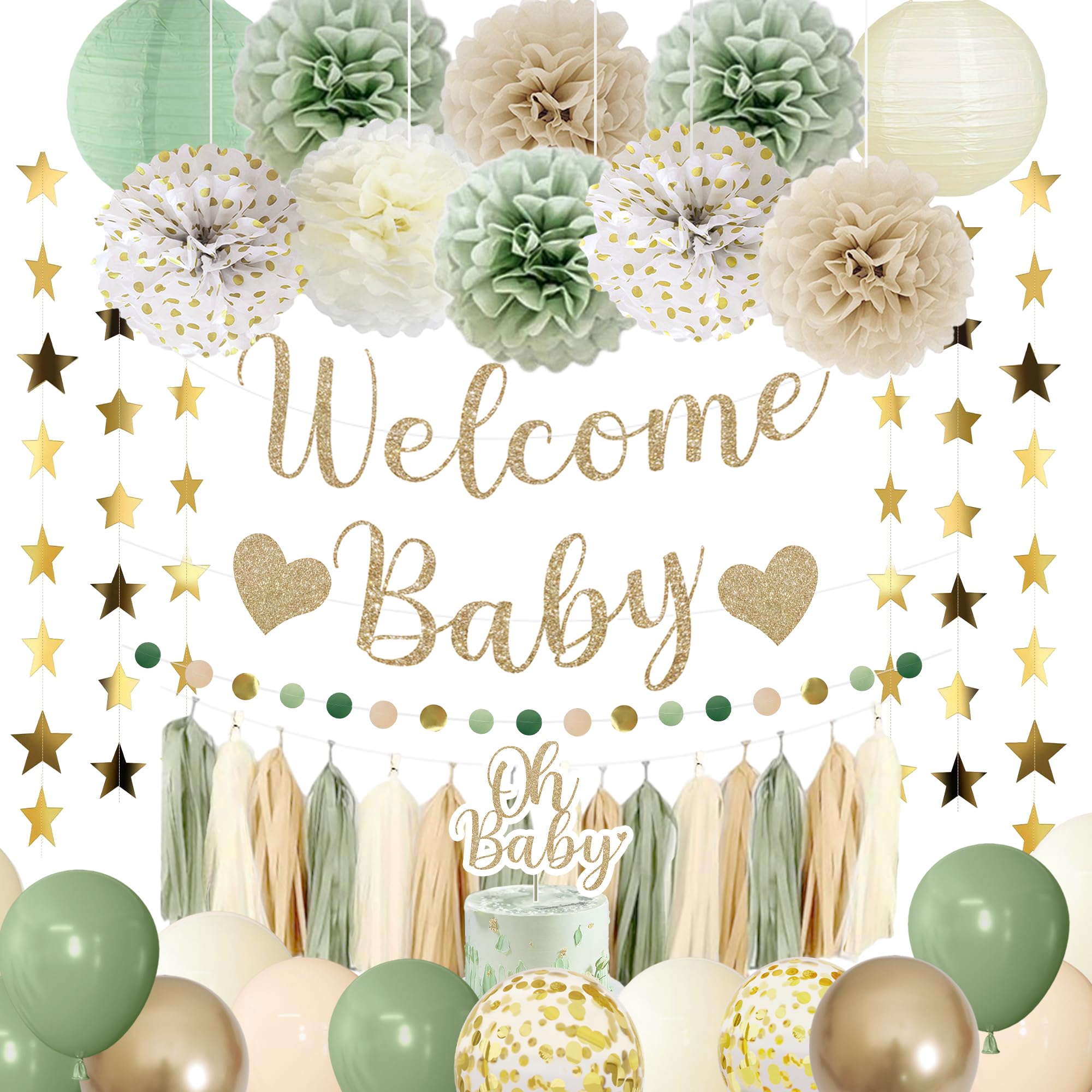 Amandir Baby Shower Decorations Sage Green Balloons Welcome Baby Banner, Cake Topper, Paper Lanterns, Pom Poms Flowers Tassels, Circle Dots Star Garland, Neutral Gender Reveal Birthday Party Supplies