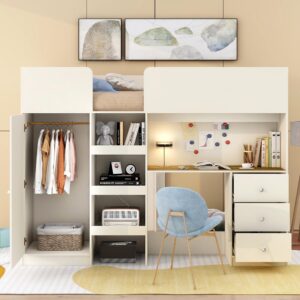 wood full size loft bed with built-in wardrobe, desk, storage shelves and drawers,for kids teens adults bedroom