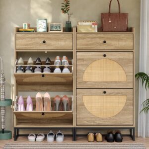 furomate Shoe Rack Storage Organizer with 2 Natural Semi-Circular Rattan Doors and Drawer Space, Entryway Shoe Cabinet for Sneakers, Leather Shoes, High Heels, Slippers Entryway Furniture