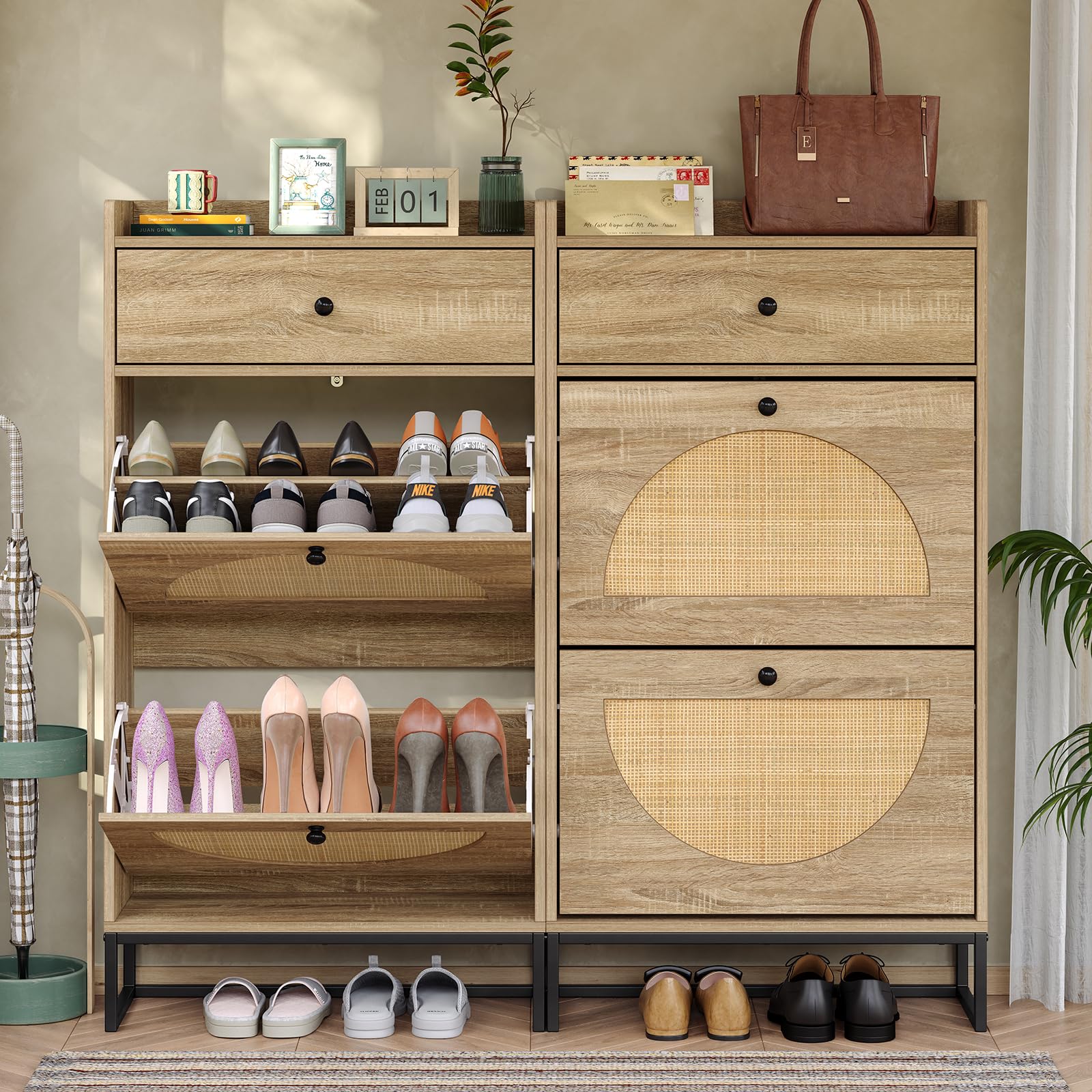 furomate Shoe Rack Storage Organizer with 2 Natural Semi-Circular Rattan Doors and Drawer Space, Entryway Shoe Cabinet for Sneakers, Leather Shoes, High Heels, Slippers Entryway Furniture