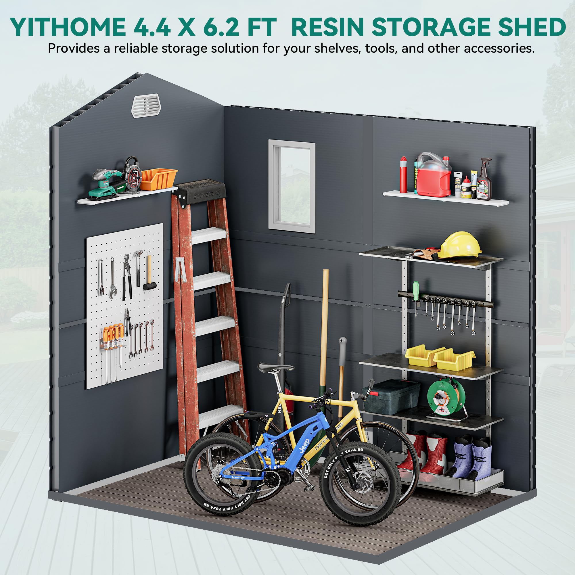 YITAHOME 4.4x6.2FT Outdoor Resin Storage Shed w/o Floor, All-Weather Plastic Shed with Lockable Doors, Window & Vents, Plastic Tool Shed for Backyard, Patio, Poolside, Lawn, Gray