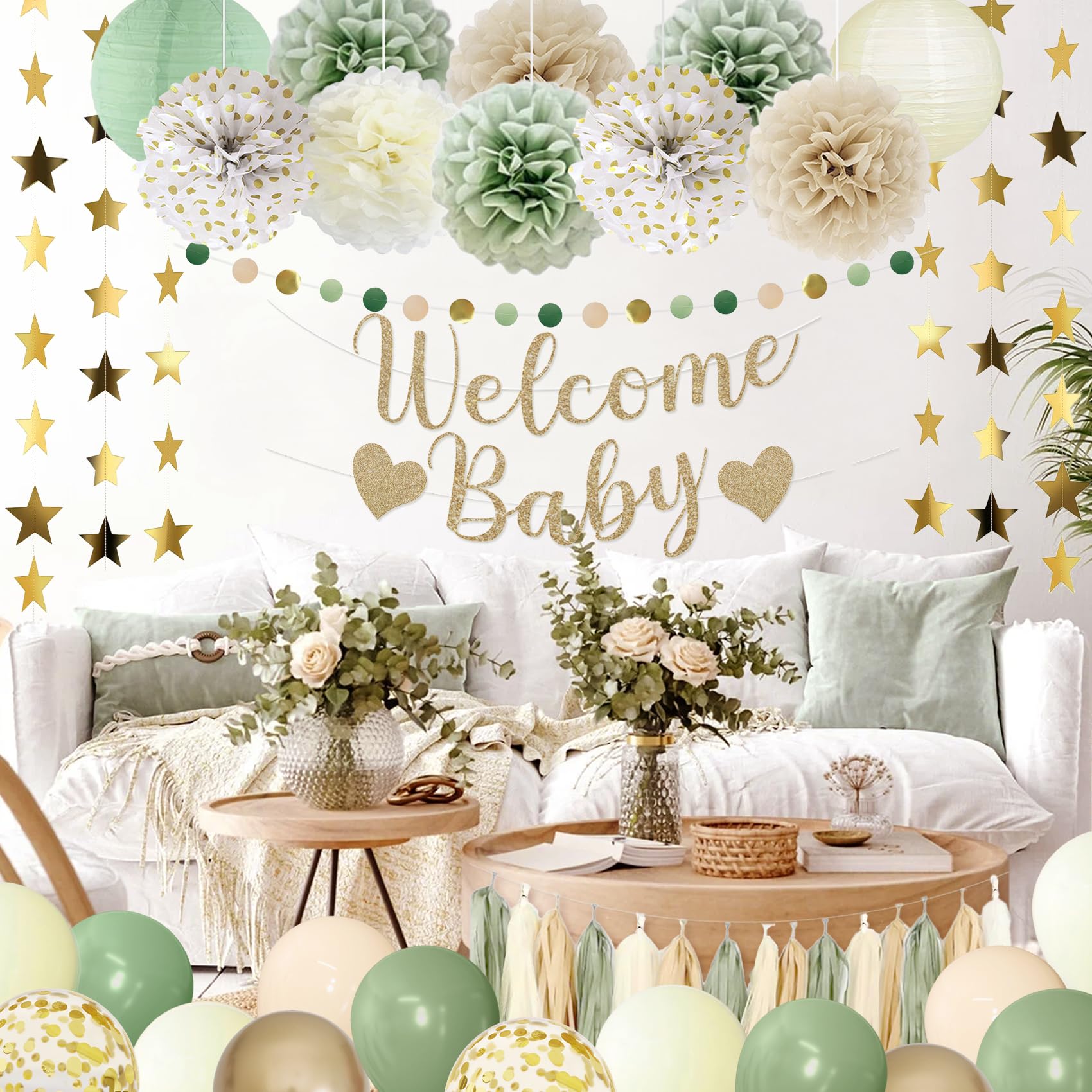 Amandir Baby Shower Decorations Sage Green Balloons Welcome Baby Banner, Cake Topper, Paper Lanterns, Pom Poms Flowers Tassels, Circle Dots Star Garland, Neutral Gender Reveal Birthday Party Supplies