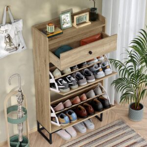 furomate Shoe Rack Storage Organizer with 2 Natural Semi-Circular Rattan Doors and Drawer Space, Entryway Shoe Cabinet for Sneakers, Leather Shoes, High Heels, Slippers Entryway Furniture