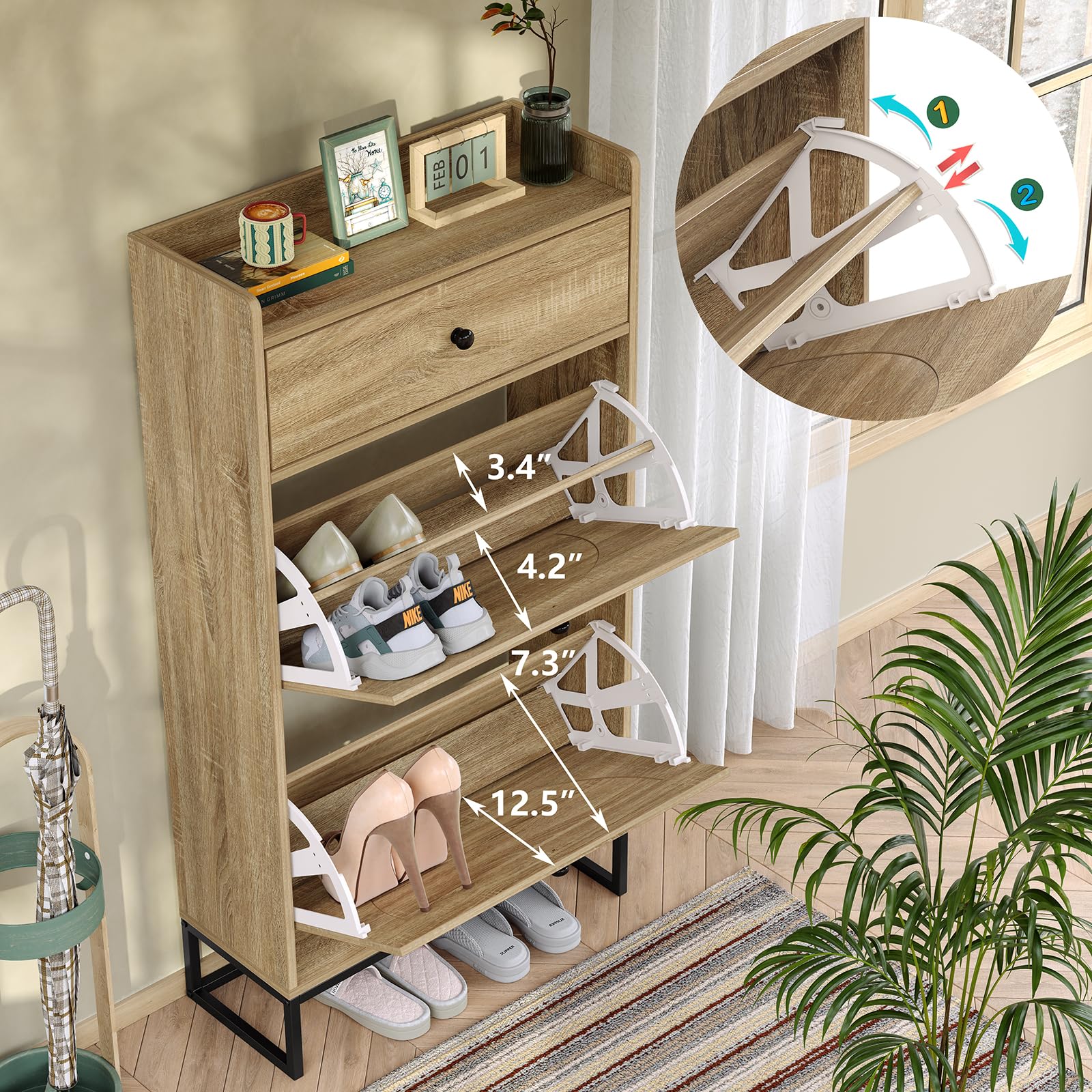 furomate Shoe Rack Storage Organizer with 2 Natural Semi-Circular Rattan Doors and Drawer Space, Entryway Shoe Cabinet for Sneakers, Leather Shoes, High Heels, Slippers Entryway Furniture