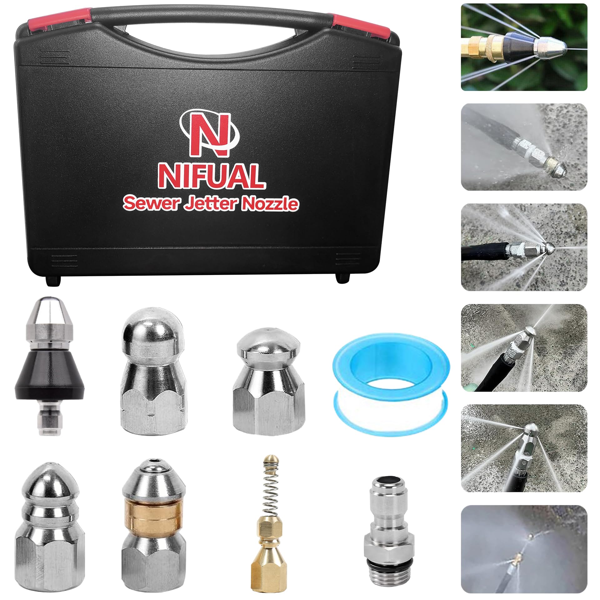 8PCS Sewer Jetter Nozzle Kit with Box, Stainless Steel Rotating Nose Sewer Jetting Nozzle for Pressure Washer,Pressure Drain Jetter Hose Nozzle with 1/4 Inch Pressure Washer Quick Connector,5000 PSI