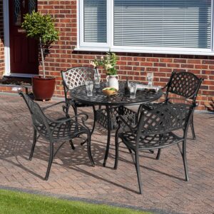 NUU GARDEN 5 Piece Outdoor Patio Dining Set, Cast Aluminum Round Dining Table with Umbrella Hole and Patio Dining Chairs for Patio, Garden, Backyard, Balcony, Black with Bronze Edge