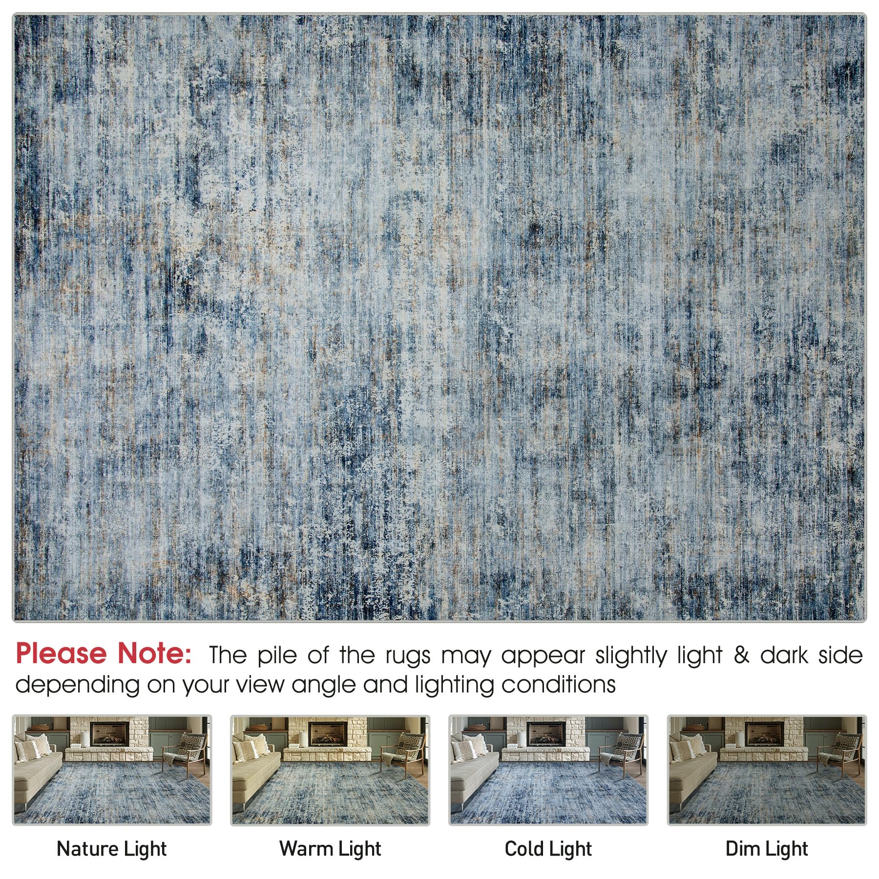 Area Rugs 8x10 Living Room Rugs: Large Modern Abstract Washable Rug with Non-Slip Backing, Thin Carpet for Dining Room Table Bedroom Nursery Indoor Home Office-Blue