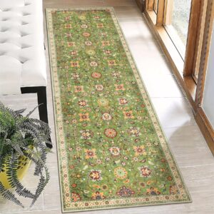 yesrug 2x6 green runner rug, boho long rugs for hallway entryway laundry room bathroom bedroom kitchen rugs non slip washable, vintage area rug soft low pile distressed floor carpet