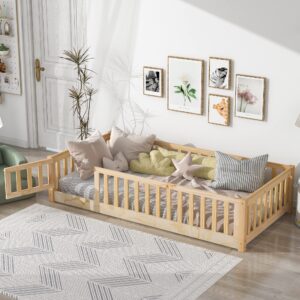 citylight twin size floor bed with rails and door, wood montessori floor bed twin size with support slats, kids twin bed frame for boys,girls, natural