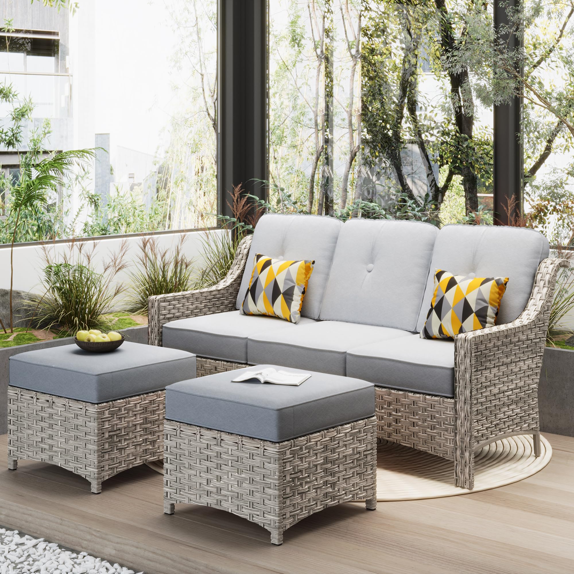 ovios 3 Piece Outdoor Patio Furniture with 3 Seat Sofa & Ottoman,Rattan Wicker Coversation Set with High Back,Sectional Sofa for Outside Porch Balcony Backyard Pool,Light Grey