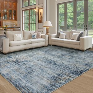 area rugs 8x10 living room rugs: large modern abstract washable rug with non-slip backing, thin carpet for dining room table bedroom nursery indoor home office-blue