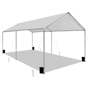 heavy duty 10 x 20 ft easy to assemble metal car canopy shelter with reinforced steel cables, outdoor portable garage for car, boat tent, light grey