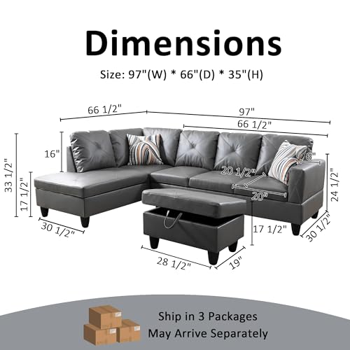 97" W Sectional Couches for Living Room, Sectional Sofas for Living Room, Modular Sectional Sofa with Storage Ottoman, L Shaped Couch, Faux Leather Couch for Living Room Furniture Sets, Dark Grey