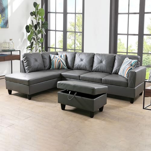 97" W Sectional Couches for Living Room, Sectional Sofas for Living Room, Modular Sectional Sofa with Storage Ottoman, L Shaped Couch, Faux Leather Couch for Living Room Furniture Sets, Dark Grey