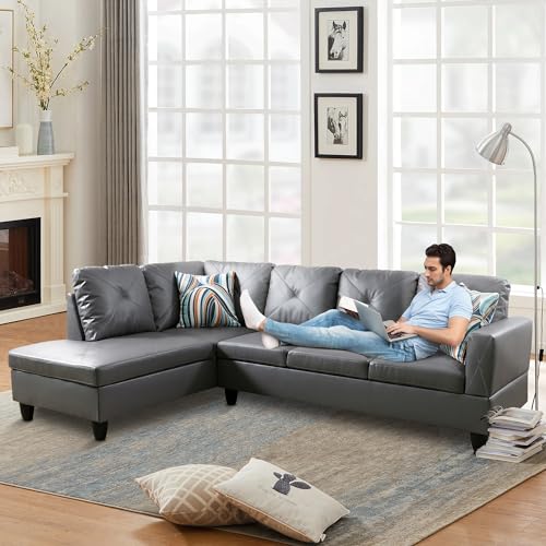 97" W Sectional Couches for Living Room, Sectional Sofas for Living Room, Modular Sectional Sofa with Storage Ottoman, L Shaped Couch, Faux Leather Couch for Living Room Furniture Sets, Dark Grey