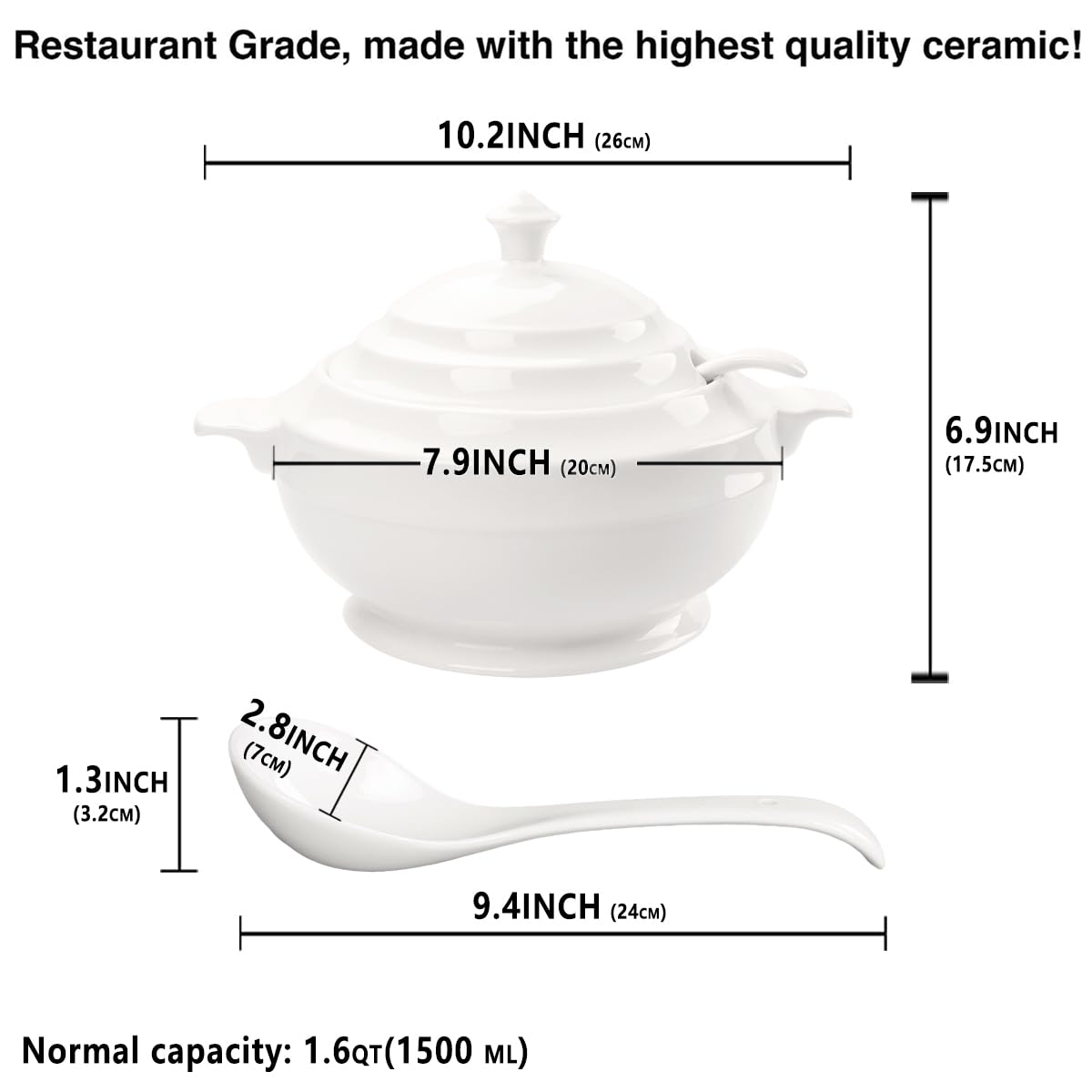 jinsongdafa Casserole Dish with Serving Handle, Soup pot 1.6-quart, French White Ceramic Tureen with Lid and Ladle, for Dinner and Party, Microwave, Dishwasher, Oven Safe 10.2 Inch