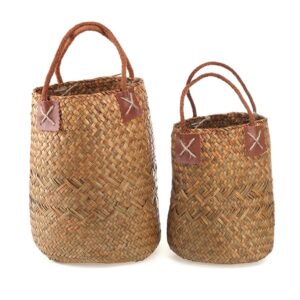 CNAFGBGG 2PCS Seagrass Woven Basket Seagrass Storage Basket Straw Belly Storage Flower Plant Pot Vase Organizer with Handles for Laundry Picnic Grocery