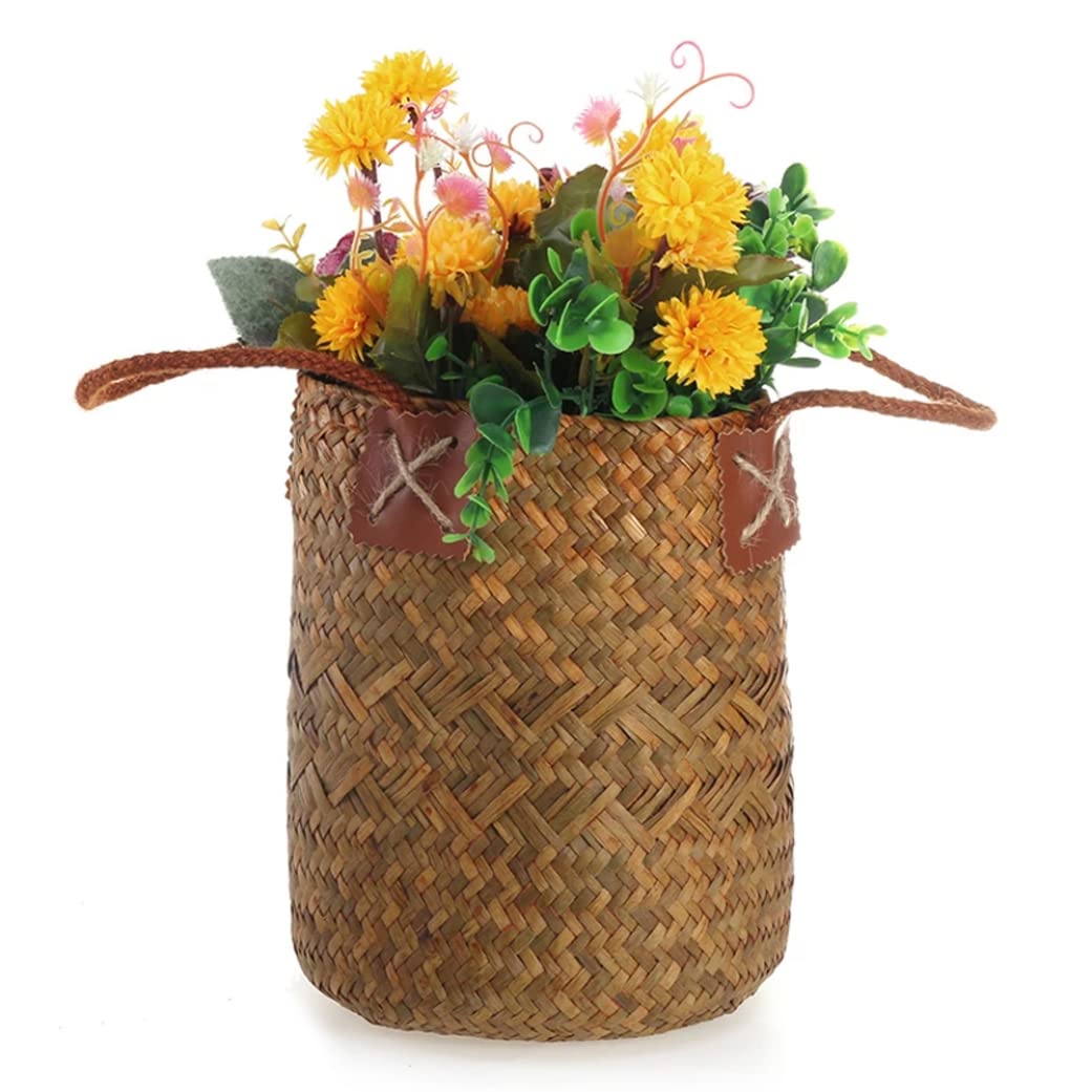 CNAFGBGG 2PCS Seagrass Woven Basket Seagrass Storage Basket Straw Belly Storage Flower Plant Pot Vase Organizer with Handles for Laundry Picnic Grocery