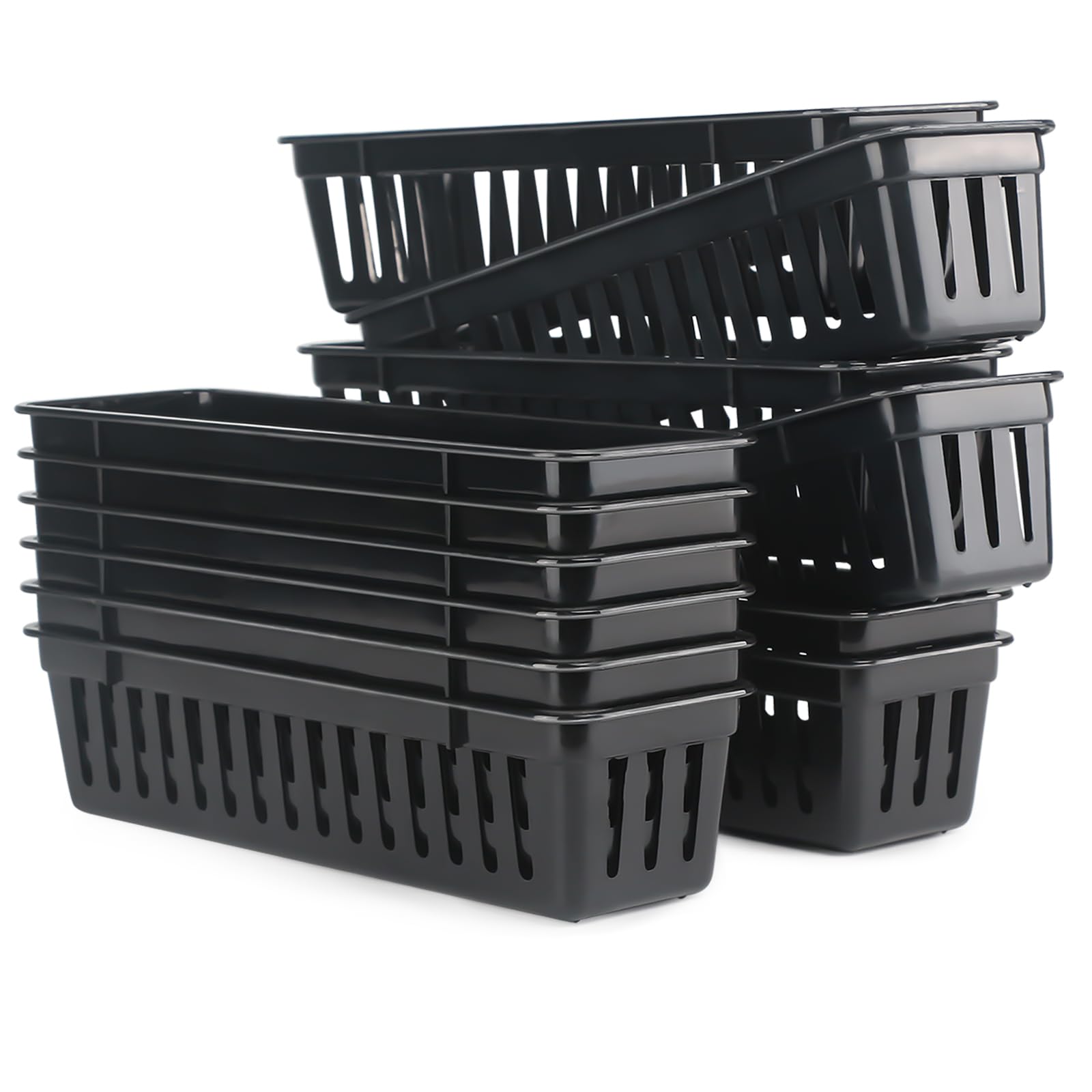 12PCS Stackable Storage Baskets, Drawer Storage Baskets and Trays, Slim Container Organizer for Desk, Vanity, Bedroom,Bathroom, Kitchen and Garage - Black