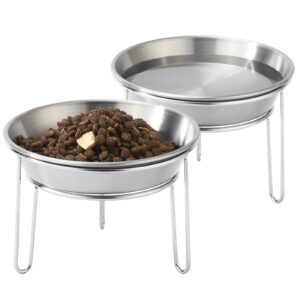 elevated cat bowls stainless steel, 5.9 inch wide raised cat bowls with metal stand whisker friendly, 2 pack anit-vomiting elevated cat food and water bowl set for cats, kittens and small dogs