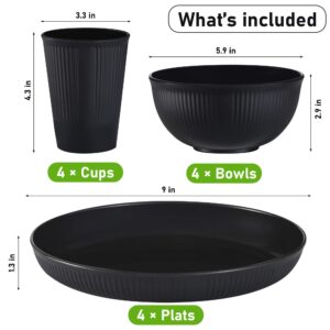 12pcs Wheat Straw Dinnerware Sets for 4, Kitchen Unbreakable Plates and Bowls Sets for College Dorm Apartment Resuable Black