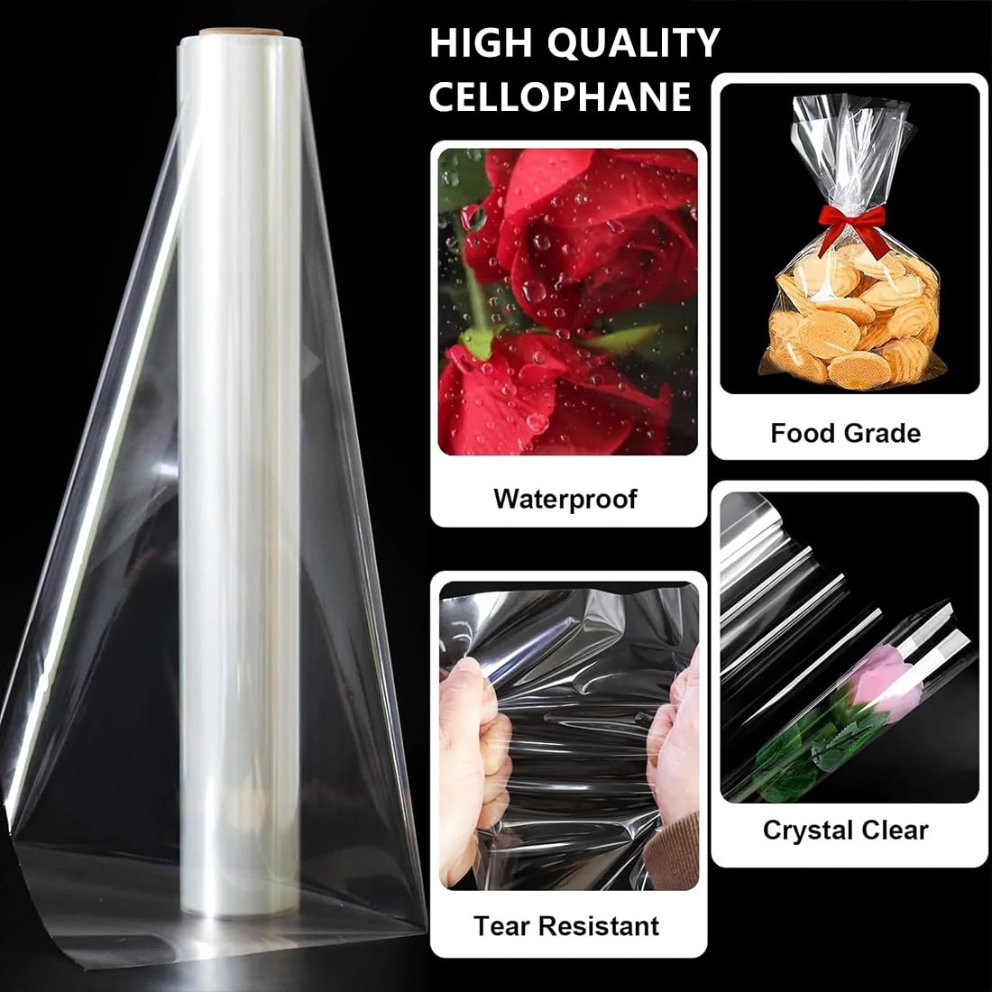 SMART&CASUAL 16" x 150' Clear Cellophane Wrap Roll 3 Mil Thick Wrapping Plastic Film for for Gift Basket Treats Goodie Bouquet Flower Wrapping Covering Packing Supplies