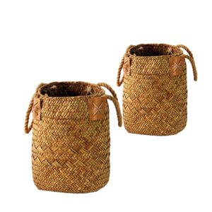 cnafgbgg 2pcs seagrass woven basket seagrass storage basket straw belly storage flower plant pot vase organizer with handles for laundry picnic grocery