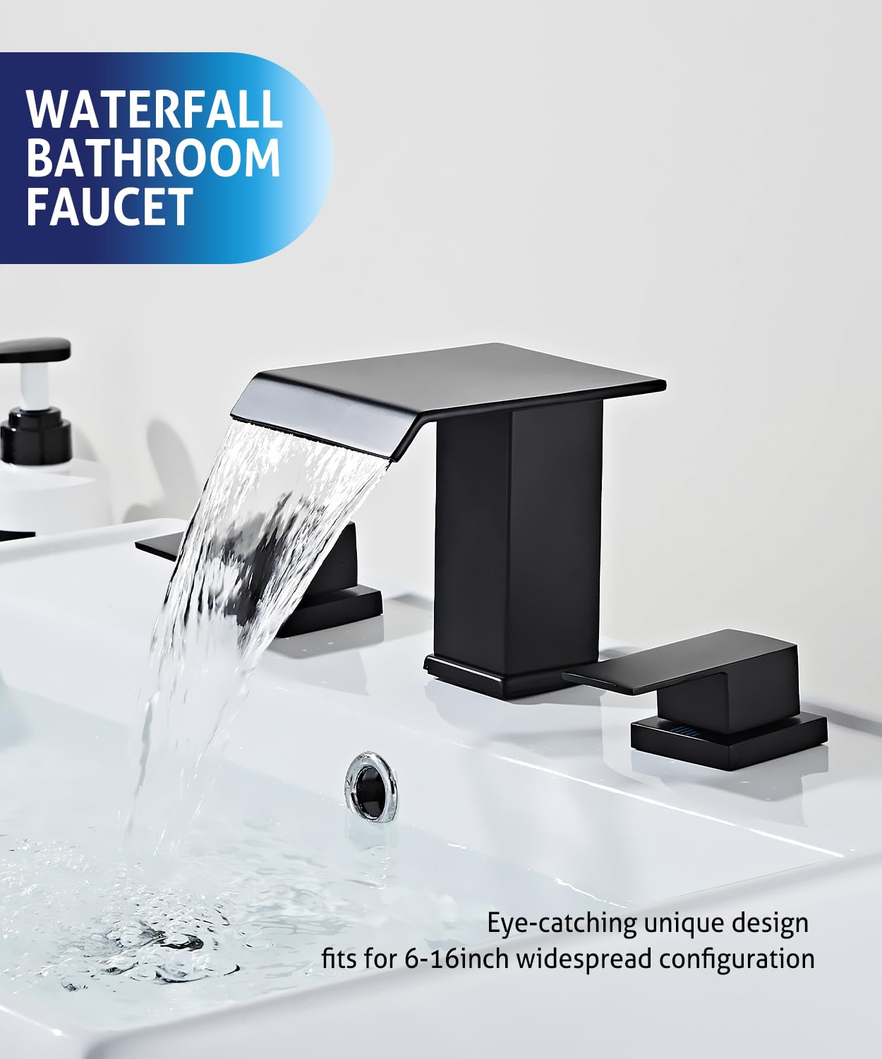 Sankecao Bathroom Sink Faucet Black - Bathroom Faucets for Sink 3 Hole Waterfall Bathroom Faucet with Metal Pop-up Sink Drain Stopper and 2 Supply Hoses…