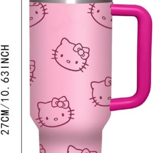 Generic Insulated Tumbler, 1 Sets 40 oz Tumbler with Handle and Straw Lid, Insulated Cup Reusable Stainless Steel Water Bottle Mug Cups,40 Oz Tumbler with Handle, Pink Kitty (Pink)