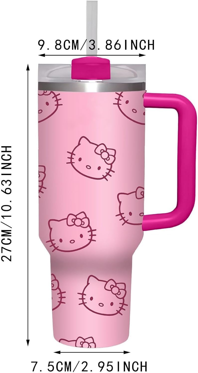 Generic Insulated Tumbler, 1 Sets 40 oz Tumbler with Handle and Straw Lid, Insulated Cup Reusable Stainless Steel Water Bottle Mug Cups,40 Oz Tumbler with Handle, Pink Kitty (Pink)