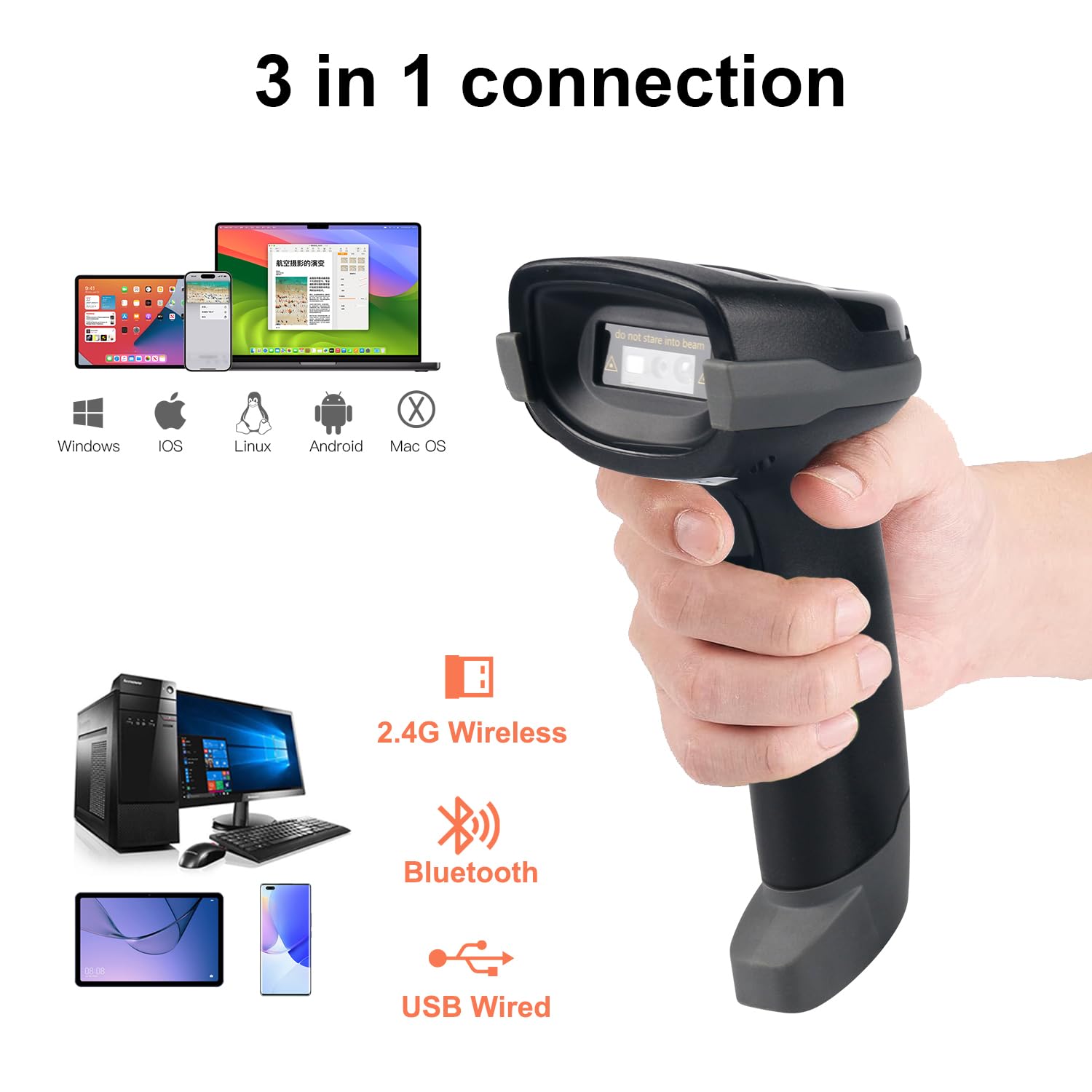 Wireless Barcode Scanner 1D 2D Handheld Bluetooth 2.4G Wireless USB Wired 3-in-1 CMOS Bar Code Reader PDF417 QR Code Scanner Work with Windows Android iOS SM2860BGD