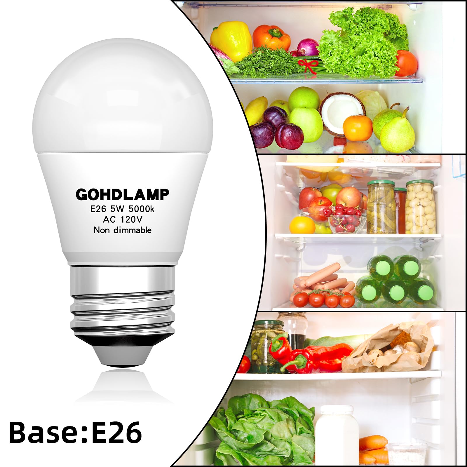 GOHDLAMP LED Refrigerator Light Bulb 5W 50Watt Equivalent,Waterproof Replacement for Frigidaire,120V E26 A15 Freezer Light Bulbs Daylight White 5000K 500 Lumen,Non-dimmable, 3 Packs