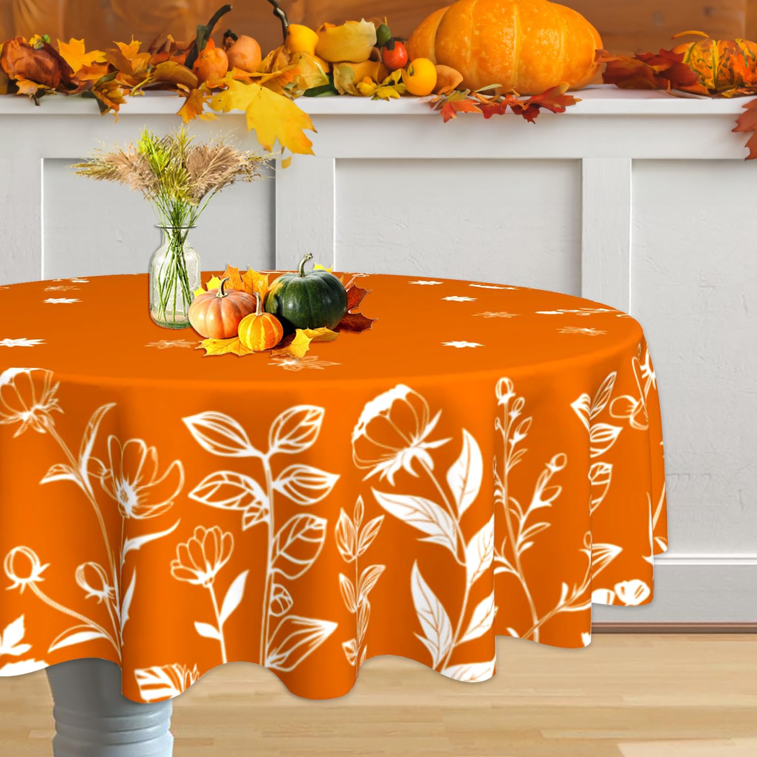 KORVITA Fall Round Tablecloth 60 Inch Thanksgiving Autumn Harvest Orange Wild Flowers Table Washable Microfiber Tablecloth Decorative Table Covers for Picnic Party