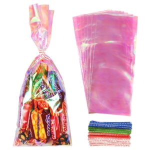 joindo 120pcs iridescent cellophane treat bags,4x9.5 inch holographic goodie bags with twist ties,clear cello bags for thanksgiving, christmas, new year