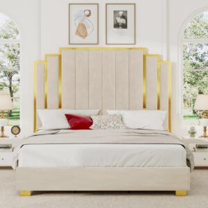 yumpie king size platform bed frame with 65" extra tall headboard, velvet upholstered bed with golden plating trim, wooden slats/no box spring needed/noisy free/cream