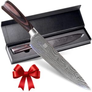 hipermax damascus 8 inch professional and household chef's knife made of sharpened stainless steel with high carbon content and ergonomic pakka wood handle for cutting food, luxury gift case