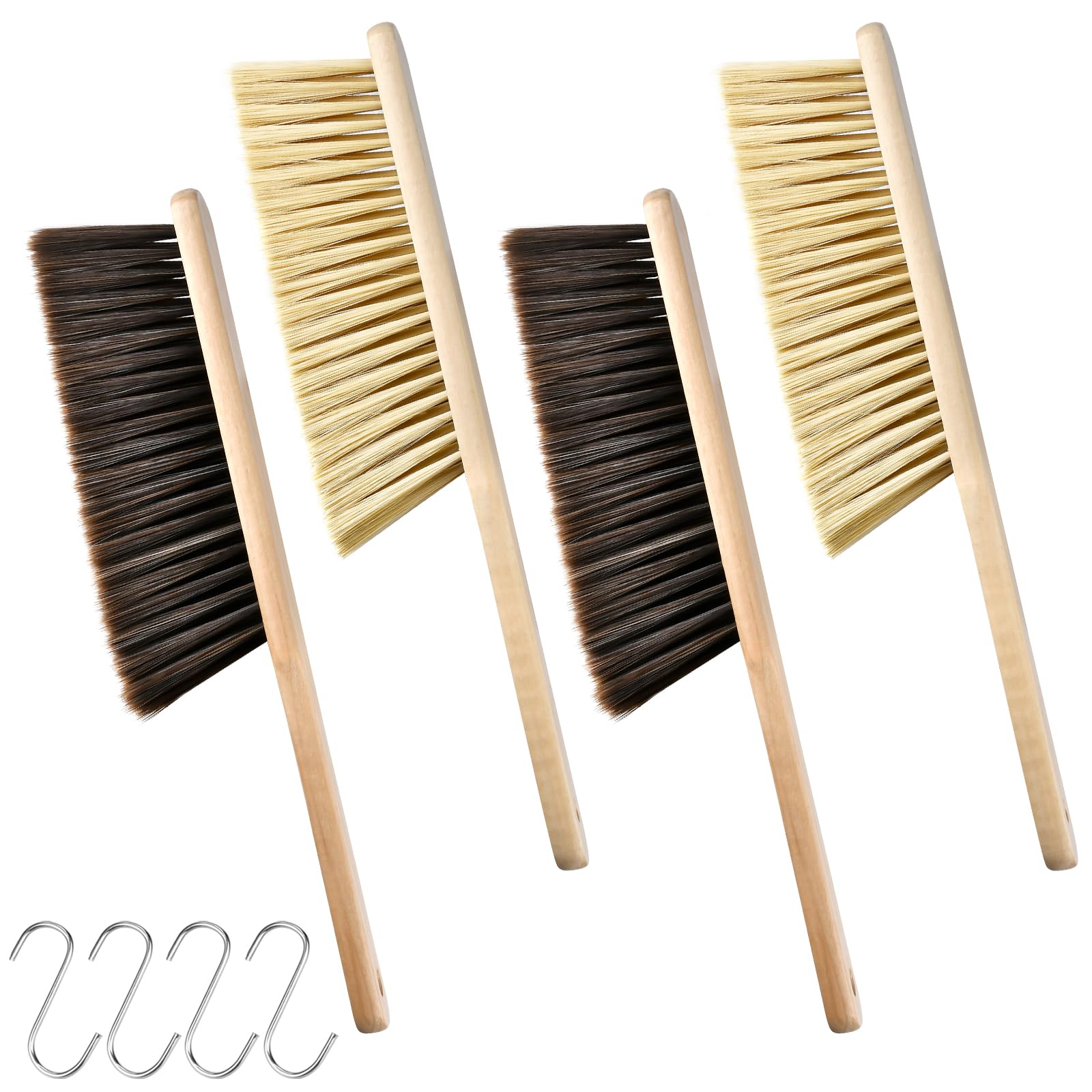 Boocalny 4 Pieces Hand Broom Brush, Wooden Dust Brush, Hand Broom Bench Brush with Hanger, Soft Bristle Cleaning Brush for Counter Bed Sofa Car Fireplace Clothes Household Cleaning (Brown, Khaki)