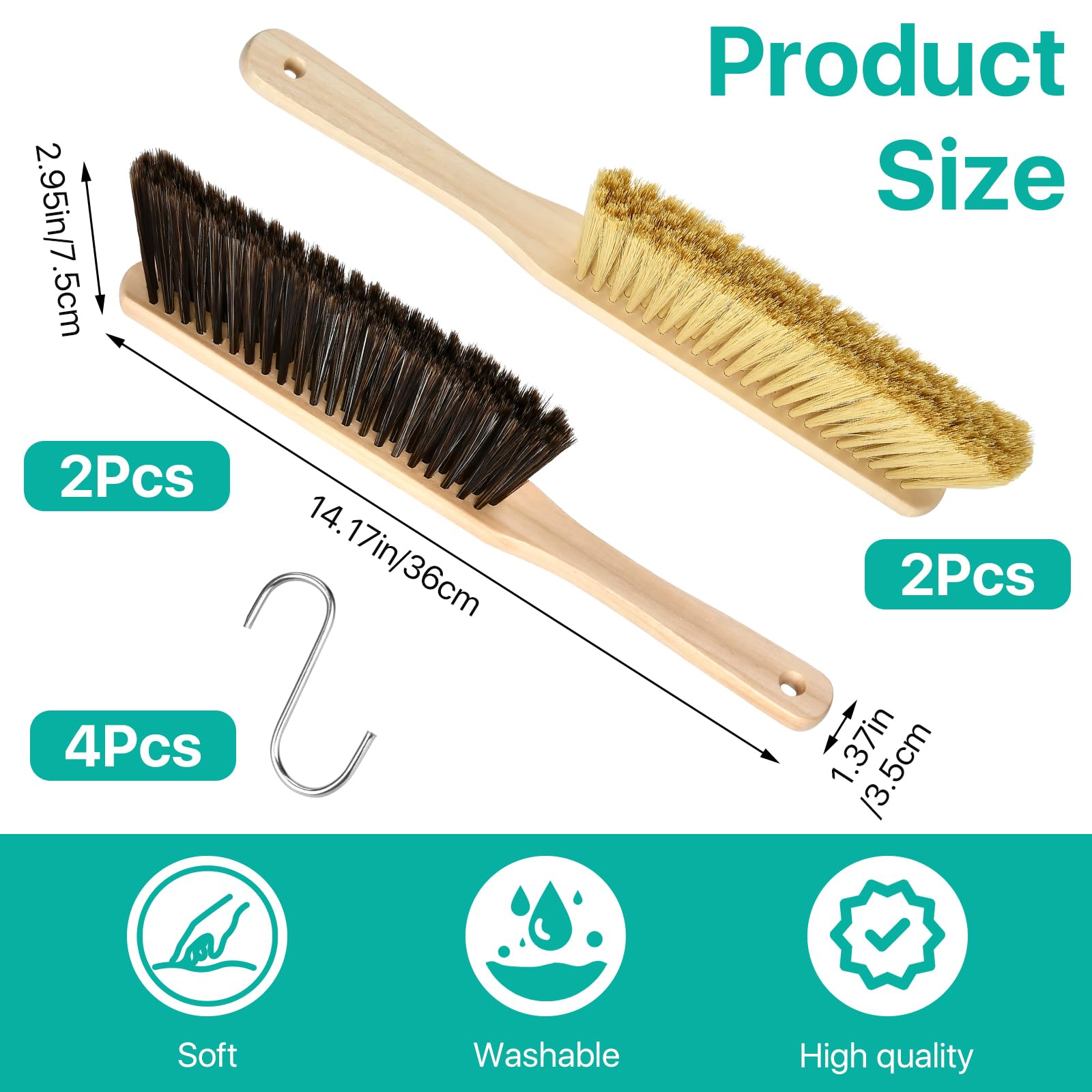 Boocalny 4 Pieces Hand Broom Brush, Wooden Dust Brush, Hand Broom Bench Brush with Hanger, Soft Bristle Cleaning Brush for Counter Bed Sofa Car Fireplace Clothes Household Cleaning (Brown, Khaki)