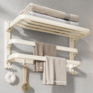 voldra towel racks for bathroom, 24-inch towel shelf with 2 towel bar foldable towel holder with 7 hooks towel storage organizer for bathroom & lavatory wall mounted(milky white)