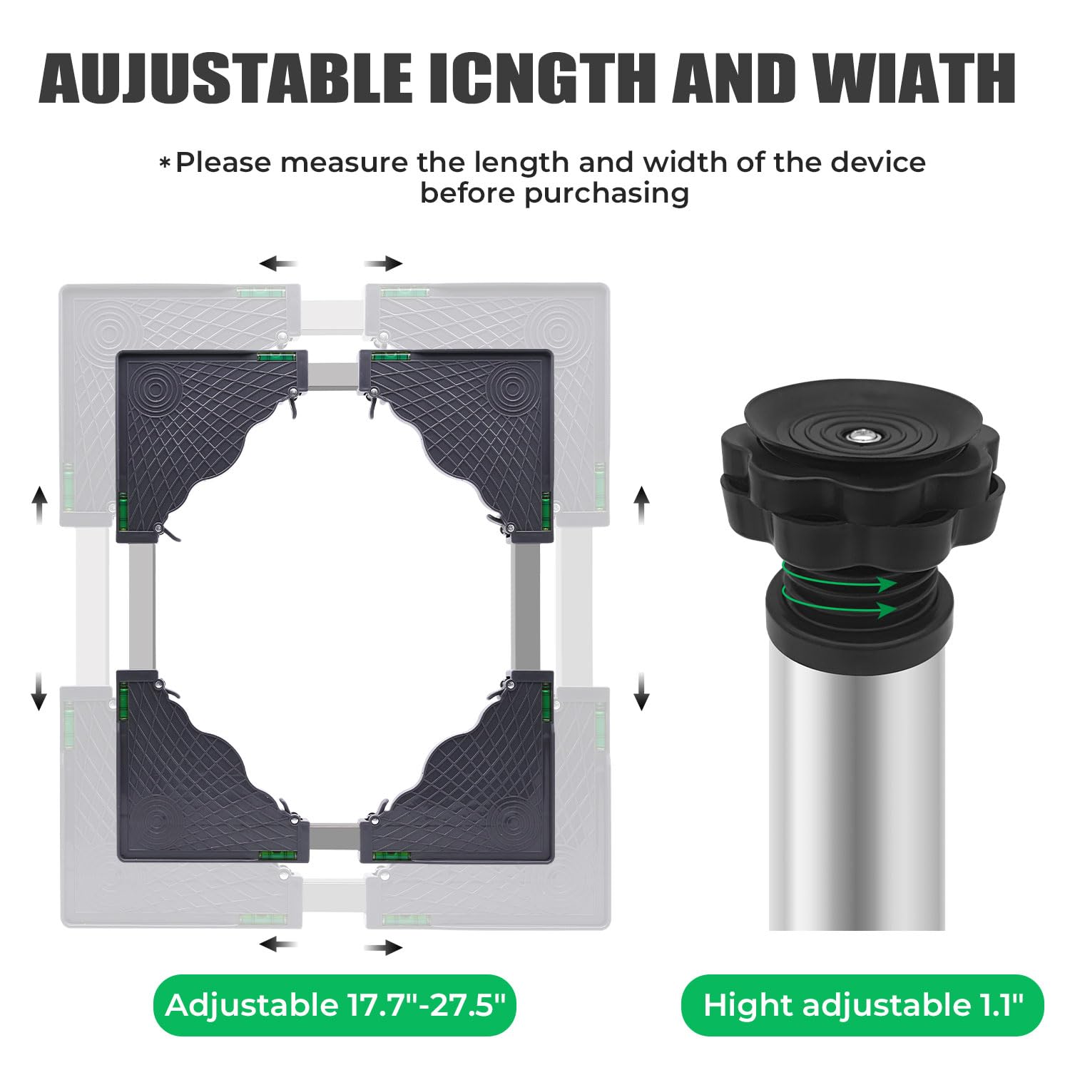 AKZYTUE Washer and Dryer Pedestal with 8 Strong Feet - Adjustable Height 11.4”~12.6” - Adjustable Length and Width 17.7"-27.5" - for Washer and Dryer