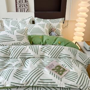 LMONMOO Striped Duvet Cover Queen, White 100% Cotton Duvet Cover with Green Stripes Pattern Printed Comforter Cover Reversible Floral Bedding Set with Zipper Closure(White, Queen)