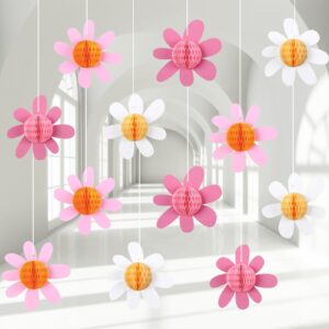 poen 12 pcs daisy honeycomb balls decorations boho daisy flower hanging ceiling sign groovy honeycomb pom poms paper balls to hang from ceiling for birthday bridal weeding party(pastel color)