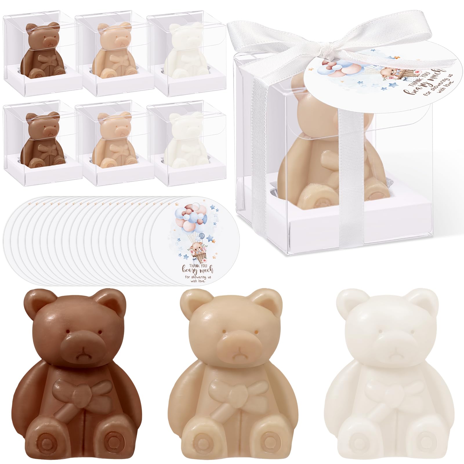 Geosar 36 Pack Bear Baby Shower Favors Baby Shower Soap Favors with Thank You Bear Cards and Boxes for Girls Kids Boys Baby Shower Decoration Guest Gift Supplies (White,light Brown,dark Brown)