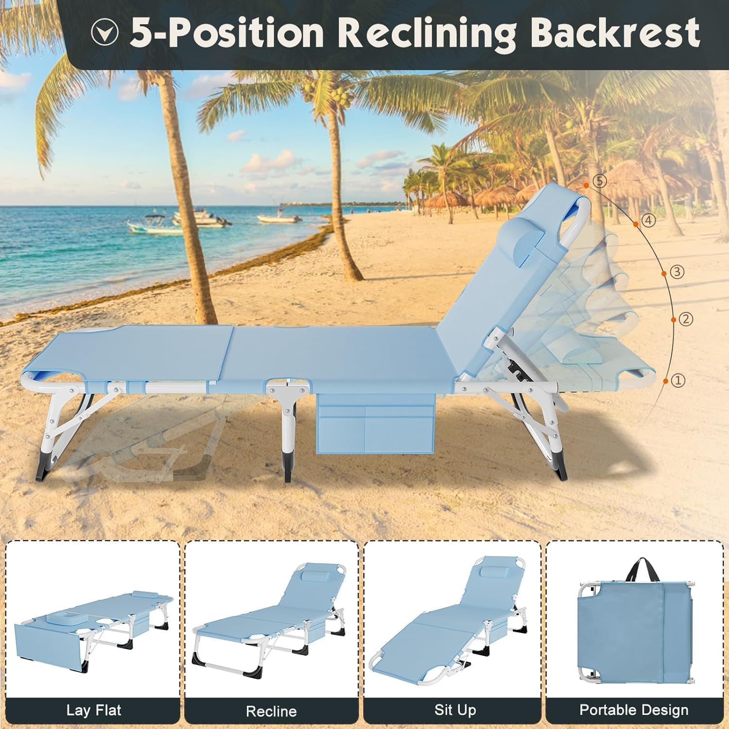 MOPHOTO Folding Chaise Lounge Chair 5-Position, Folding Cot, Heavy Duty Patio Chaise Lounge Beach Chair with Face Hole for Outside, Poolside, Beach, Lawn, Camping