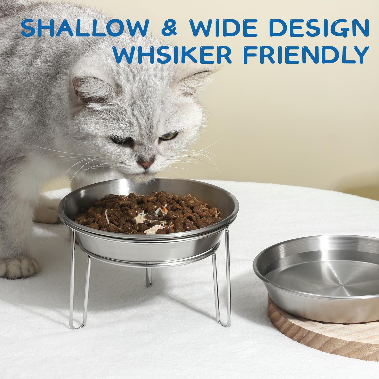 Elevated Cat Bowls Stainless Steel, 5.9 Inch Wide Raised Cat Bowls with Metal Stand Whisker Friendly, 2 Pack Anit-Vomiting Elevated Cat Food and Water Bowl Set for Cats, Kittens and Small Dogs