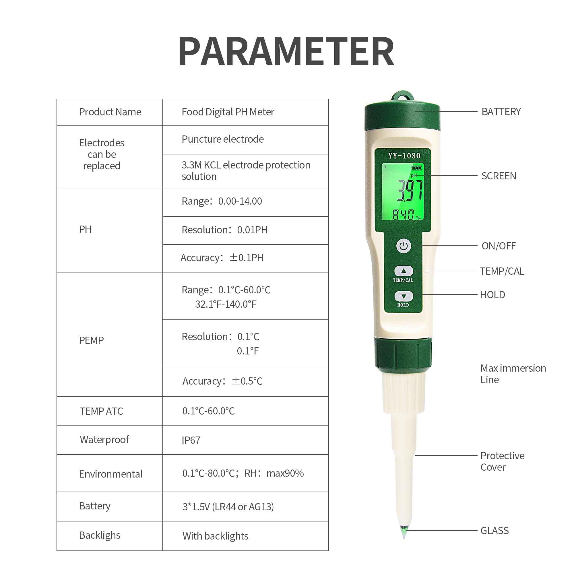 RAINLEOTI Digital pH Meter for Food,Food PH Tester 2 Probe 0.01 Resolution High Accuracy Digital PH Meter with Backlit LCD Display & ATC for Meter,Sourdough,Fruit,Cheese,Bread,Soft Soil Water&Solution