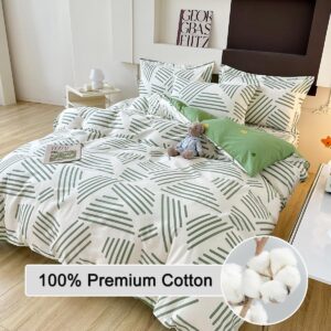 LMONMOO Striped Duvet Cover Queen, White 100% Cotton Duvet Cover with Green Stripes Pattern Printed Comforter Cover Reversible Floral Bedding Set with Zipper Closure(White, Queen)