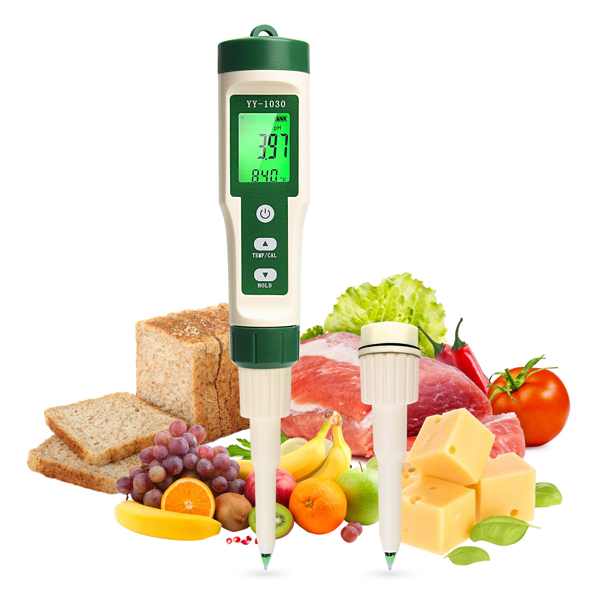 RAINLEOTI Digital pH Meter for Food,Food PH Tester 2 Probe 0.01 Resolution High Accuracy Digital PH Meter with Backlit LCD Display & ATC for Meter,Sourdough,Fruit,Cheese,Bread,Soft Soil Water&Solution