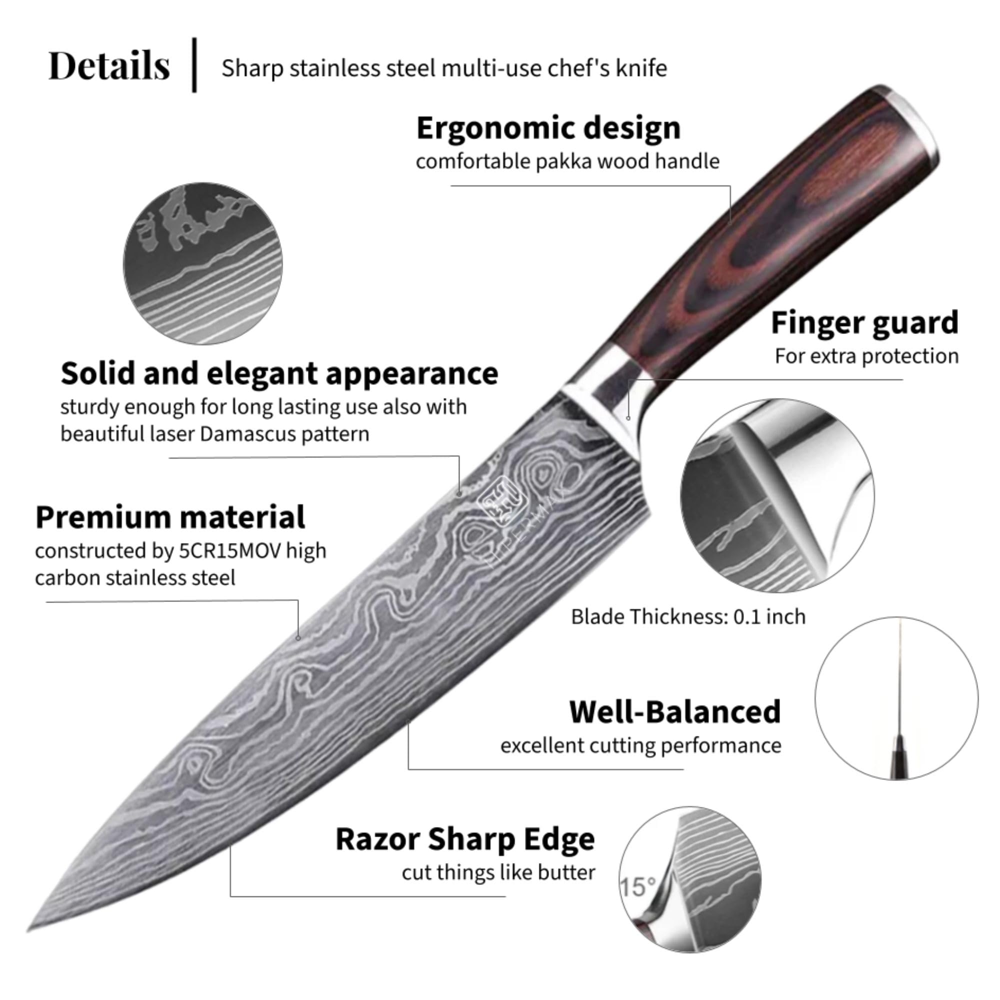 HIPERMAX Damascus 8 inch professional and household chef's knife made of sharpened stainless steel with high carbon content and ergonomic pakka wood handle for cutting food, luxury gift case